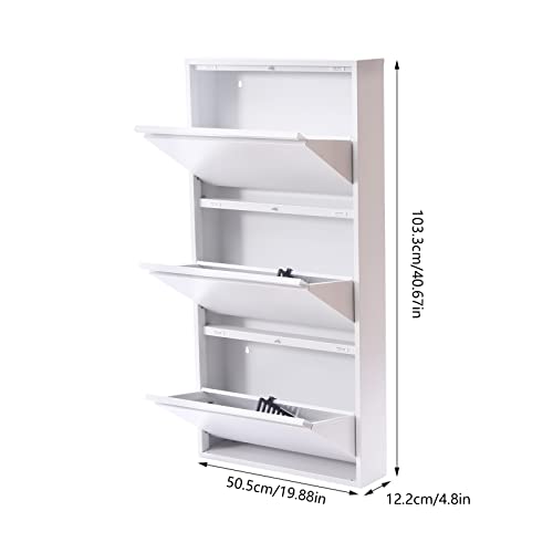 DYRABREST Shoe Storage Cabinet - Wall Mounted & No-Assembly Metal Shoe Organizer Cabinet for Entryway, Hallway, and Corridor,Tipping Bucket Shoe Cabinets with 3 Flip Drawers,Holds 9 Pair Shoes, White