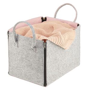 mDesign Soft Felt Cube Bin Box with Zipper - Attached Handles - Storage for Closet, Bedroom, Furniture Shelving Units - Textured Print - Light Pink/Light Gray