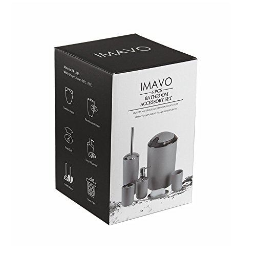 IMAVO Bathroom Accessories Set, 6-Piece Plastic Gift Set, Toothbrush Holder, Toothbrush Cup, Soap Dispenser, Soap Dish, Toilet Brush Holder, Trash Can (Grey)