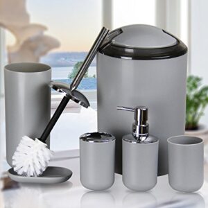 IMAVO Bathroom Accessories Set, 6-Piece Plastic Gift Set, Toothbrush Holder, Toothbrush Cup, Soap Dispenser, Soap Dish, Toilet Brush Holder, Trash Can (Grey)