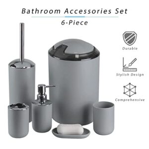 IMAVO Bathroom Accessories Set, 6-Piece Plastic Gift Set, Toothbrush Holder, Toothbrush Cup, Soap Dispenser, Soap Dish, Toilet Brush Holder, Trash Can (Grey)