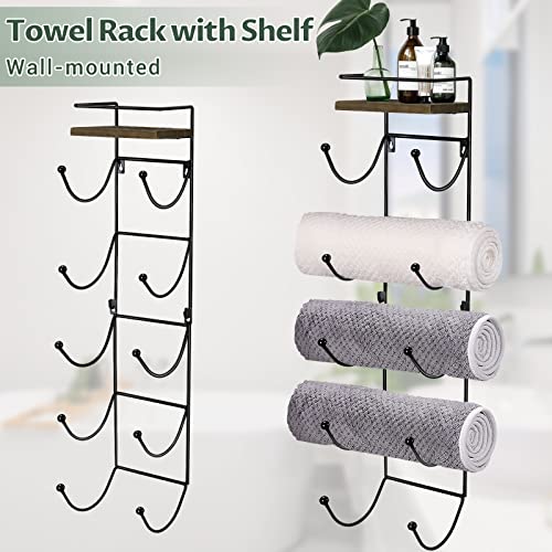 Towel Rack Wall Mounted with Top Shelf,Towel/Wine Rack Holder Organizer with 5 Compartments and Top Wooden Shelf for Bathroom Storage Bath Towels, 30.7" L x 7" W