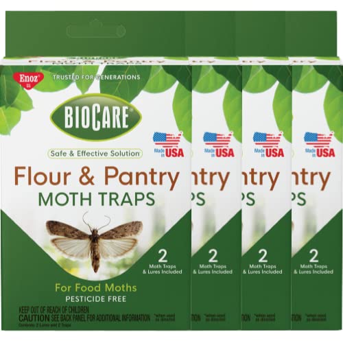 Enoz BioCare Pantry and Flour Moth Trap - 2 Traps with Pheromone Lures (Pack of 4) - Attracts and Kills Flour and Pantry Moths - Lure and Sticky Pad Design - Safe and Effective