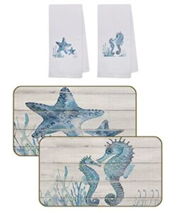 uinhmop 17''x30'' marine life ocean animal pair of starfish seahorse decorative doormat and 16''x24'' kitchen towels dishcloths hand towels(2 doormats + 2 towels),sea lovers gifts