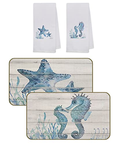 UINHMOP 17''x30'' Marine Life Ocean Animal Pair of Starfish Seahorse Decorative Doormat and 16''x24'' Kitchen Towels Dishcloths Hand Towels(2 Doormats + 2 Towels),Sea Lovers Gifts