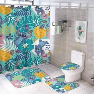 fmsnupz cartoon shower curtain 4pcs set, cute bathroom decor with non-slip rugs, toilet lid cover and bath mat, waterproof fabric shower curtains with 12 hooks, 70.8"x70.8"