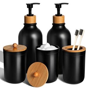 mierting black bathroom accessories set 5 pcs, matte black bathroom accessory sets, soap dispenser and toothbrush holder set, qtip & cotton ball holder with bamboo lids, boho, modern bathroom decor