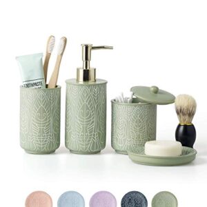 premium pastel green bathroom accessories set. green bathroom set. boho bathroom decor. accesorios para baños. new apartment essentials. green toothbrush holder and soap dispenser.