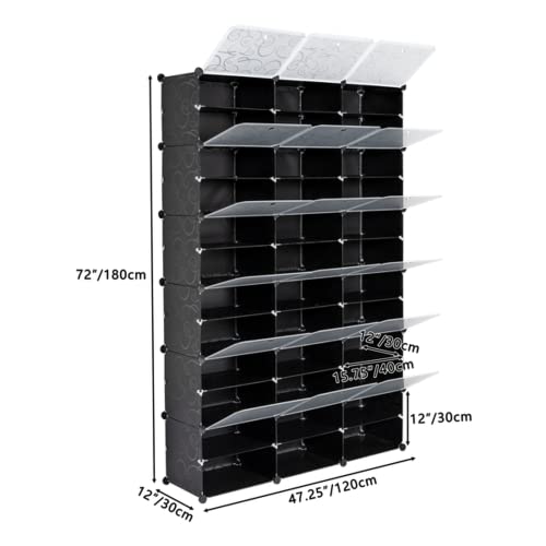 Portable Shoe Storage Cabinet with Door, 72 Pairs Shoe Storage Cabinet, 12-Tier Portable 36 Grids Shoe Cabinet for Entryway, Bedroom, Children's Room, Expandable for Heels, Boots, Slippers, Black