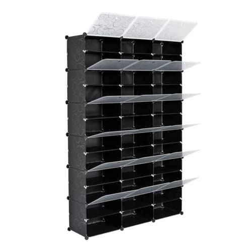 Portable Shoe Storage Cabinet with Door, 72 Pairs Shoe Storage Cabinet, 12-Tier Portable 36 Grids Shoe Cabinet for Entryway, Bedroom, Children's Room, Expandable for Heels, Boots, Slippers, Black