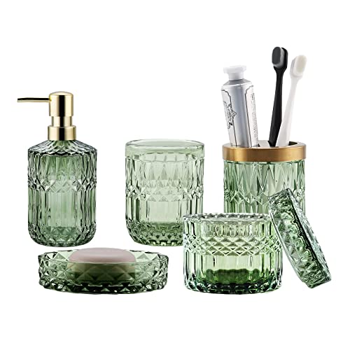 LaMarriti 5Pcs Green Glass Bathroom Accessories Complete Set, Lotion Dispenser, Soap Dish, Toothbrush Holder, Tumbler, Cotton Swab Jars, Modern Bathroom Decor and Housewarming, Set, Green