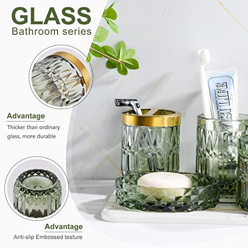 LaMarriti 5Pcs Green Glass Bathroom Accessories Complete Set, Lotion Dispenser, Soap Dish, Toothbrush Holder, Tumbler, Cotton Swab Jars, Modern Bathroom Decor and Housewarming, Set, Green