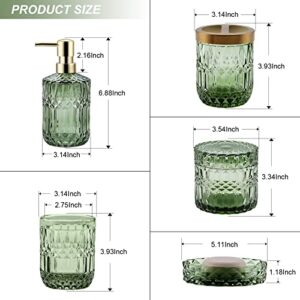 LaMarriti 5Pcs Green Glass Bathroom Accessories Complete Set, Lotion Dispenser, Soap Dish, Toothbrush Holder, Tumbler, Cotton Swab Jars, Modern Bathroom Decor and Housewarming, Set, Green