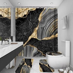 beifivcl 4pcs marble shower curtain sets, bathroom decor sets, luxury shower curtain with 12 hooks, bath mat, toilet lid rug and non-slip u shape mat accessories marble print, 72 x 72 inch, black