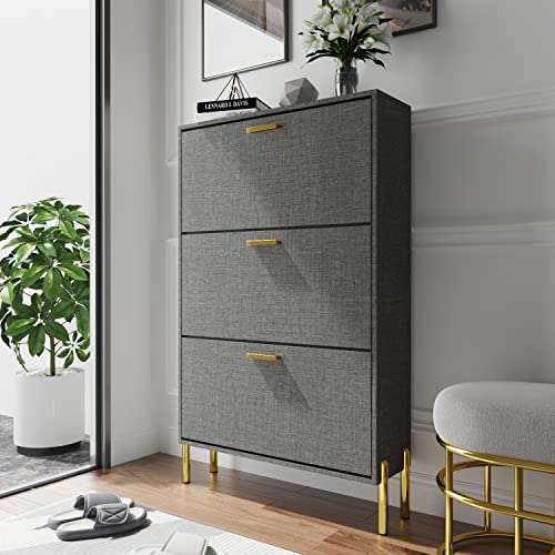 Homsee Modern Shoe Storage Cabinet with 3 Flip Drawers & Metal Legs, Wood 3-Tier Shoe Rack Storage Organizer for Entryway, Hallway & Bedroom, Grey (31.5”L x 9.5”W x 51.57”H)