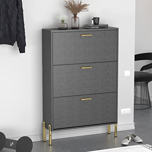 Homsee Modern Shoe Storage Cabinet with 3 Flip Drawers & Metal Legs, Wood 3-Tier Shoe Rack Storage Organizer for Entryway, Hallway & Bedroom, Grey (31.5”L x 9.5”W x 51.57”H)