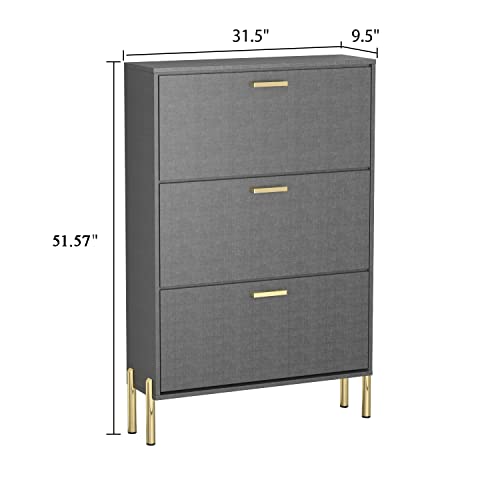 Homsee Modern Shoe Storage Cabinet with 3 Flip Drawers & Metal Legs, Wood 3-Tier Shoe Rack Storage Organizer for Entryway, Hallway & Bedroom, Grey (31.5”L x 9.5”W x 51.57”H)