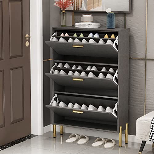 Homsee Modern Shoe Storage Cabinet with 3 Flip Drawers & Metal Legs, Wood 3-Tier Shoe Rack Storage Organizer for Entryway, Hallway & Bedroom, Grey (31.5”L x 9.5”W x 51.57”H)