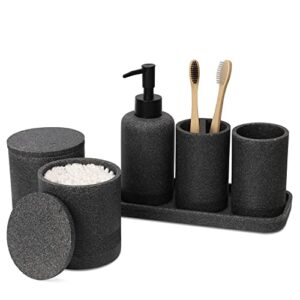 zccz - black bathroom accessories set 6 pcs - lotion soap dispenser, 2 qtip holder dispenser, toothbrush holder, vanity tray, bathroom tumbler - decorative countertop vanity organizer