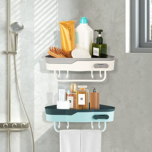 HLWDFLZ Corner Shower Caddy, 2 Pack Wall Mounted Adhesive Plastic Shower Organizer with Towel and Hooks, Removable Shower Organizer Corner Basket for Bathroom and Kitchen