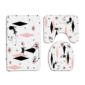 gctnbjl 3 piece mid century modern bath mat sets black cat starbursts ​atomic ​abstract pink geometric iconic retro 1950s 1960s bathroom doormat rugs, toilet seat cover, u-shaped and floor mat