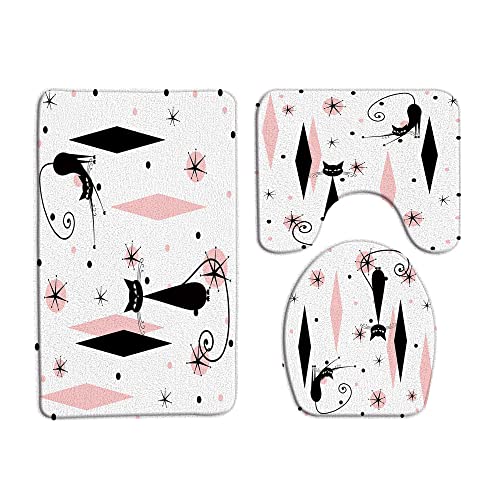 GCTNBJL 3 Piece Mid Century Modern Bath Mat Sets Black Cat Starbursts ​Atomic ​Abstract Pink Geometric Iconic Retro 1950s 1960s Bathroom Doormat Rugs, Toilet Seat Cover, U-Shaped and Floor Mat