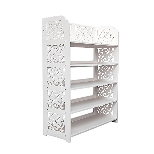 Portable Shoe Rack Storage Unit Shelves Shoe Storage Cabinet, Stackable Wood-Plastic Board 5 Tiers Carved Shoe Shelf Storage Organizer for Entryway Closet Bedroom,White