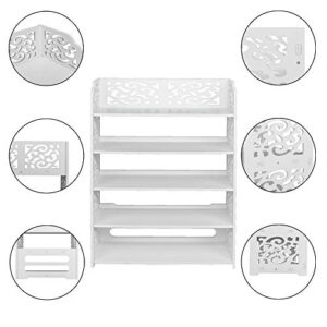 Portable Shoe Rack Storage Unit Shelves Shoe Storage Cabinet, Stackable Wood-Plastic Board 5 Tiers Carved Shoe Shelf Storage Organizer for Entryway Closet Bedroom,White