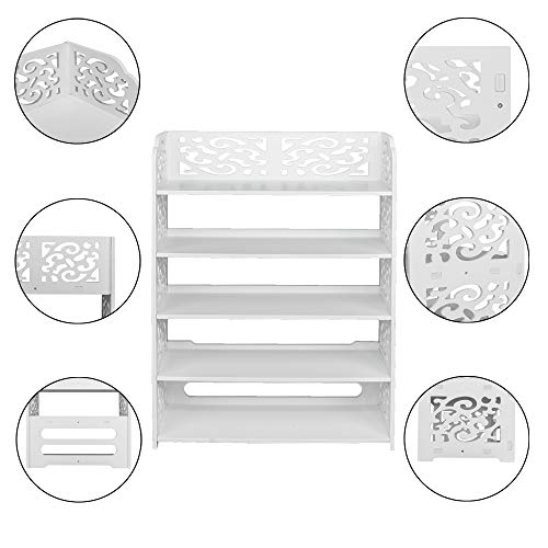 Portable Shoe Rack Storage Unit Shelves Shoe Storage Cabinet, Stackable Wood-Plastic Board 5 Tiers Carved Shoe Shelf Storage Organizer for Entryway Closet Bedroom,White