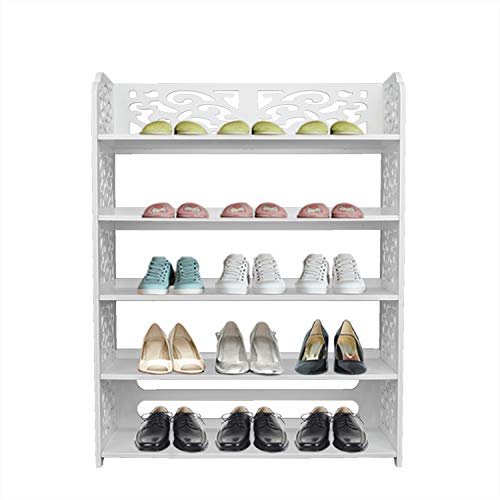 Portable Shoe Rack Storage Unit Shelves Shoe Storage Cabinet, Stackable Wood-Plastic Board 5 Tiers Carved Shoe Shelf Storage Organizer for Entryway Closet Bedroom,White