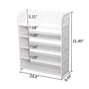 Portable Shoe Rack Storage Unit Shelves Shoe Storage Cabinet, Stackable Wood-Plastic Board 5 Tiers Carved Shoe Shelf Storage Organizer for Entryway Closet Bedroom,White