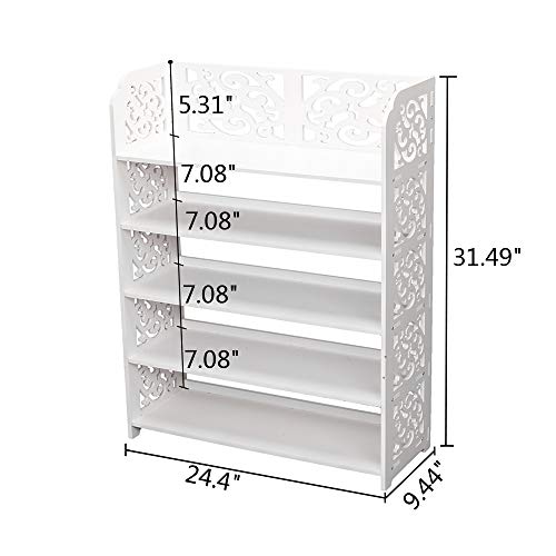 Portable Shoe Rack Storage Unit Shelves Shoe Storage Cabinet, Stackable Wood-Plastic Board 5 Tiers Carved Shoe Shelf Storage Organizer for Entryway Closet Bedroom,White