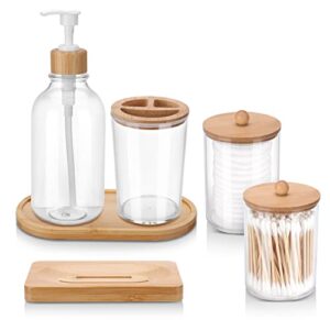 fixwal bamboo bathroom accessories set of 6 - toothbrush holder, soap dispenser, soap dish, tray and two plastic qtip medicine jars with bamboo lid for boho counter toilet bathroom decor