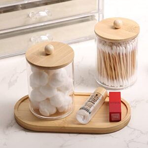 Fixwal Bamboo Bathroom Accessories Set of 6 - Toothbrush Holder, Soap Dispenser, Soap Dish, Tray and Two Plastic Qtip Medicine Jars with Bamboo Lid for Boho Counter Toilet Bathroom Decor