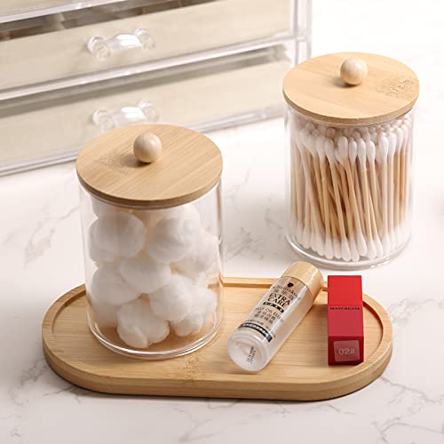 Fixwal Bamboo Bathroom Accessories Set of 6 - Toothbrush Holder, Soap Dispenser, Soap Dish, Tray and Two Plastic Qtip Medicine Jars with Bamboo Lid for Boho Counter Toilet Bathroom Decor