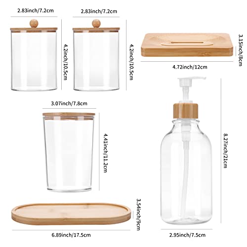 Fixwal Bamboo Bathroom Accessories Set of 6 - Toothbrush Holder, Soap Dispenser, Soap Dish, Tray and Two Plastic Qtip Medicine Jars with Bamboo Lid for Boho Counter Toilet Bathroom Decor