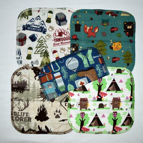 2 Ply Printed Flannel 8x8 Inches Set of 5 Little Wipes Camping Adventures