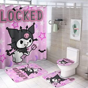 fmsnupz 4pcs anime shower curtain set, cute bathroom decor with non-slip rugs, toilet lid cover and bath mat, waterproof fabric shower curtains with 12 hooks, 70.8"x70.8"