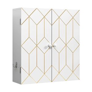 azody bathroom cabinet with gold trim, wall-mounted bathroom cabinet storage cabinet with adjustable shelves and side hooks, space saver medicine cabinet for livingroom, laundry, frameless white