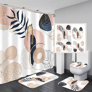 fzdhhy abstract mid century shower curtain set floral plant neutral bathroom curtain set minimalist art bathroom decor waterproof bathtub curtain with bathroom carpet bath mat toilet rugs