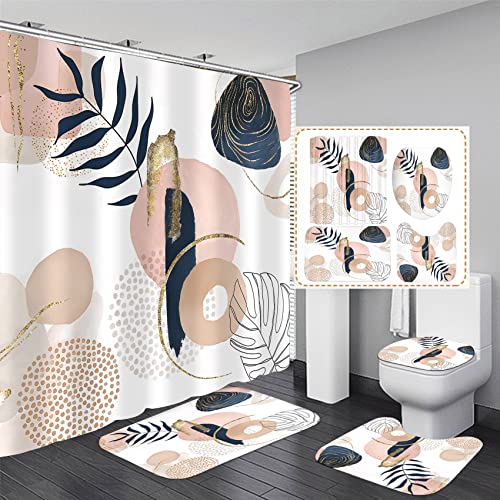 FZDHHY Abstract Mid Century Shower Curtain Set Floral Plant Neutral Bathroom Curtain Set Minimalist Art Bathroom Decor Waterproof Bathtub Curtain with Bathroom Carpet Bath Mat Toilet Rugs