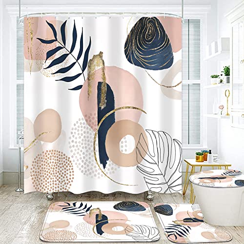 FZDHHY Abstract Mid Century Shower Curtain Set Floral Plant Neutral Bathroom Curtain Set Minimalist Art Bathroom Decor Waterproof Bathtub Curtain with Bathroom Carpet Bath Mat Toilet Rugs