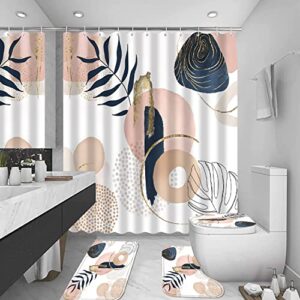 FZDHHY Abstract Mid Century Shower Curtain Set Floral Plant Neutral Bathroom Curtain Set Minimalist Art Bathroom Decor Waterproof Bathtub Curtain with Bathroom Carpet Bath Mat Toilet Rugs