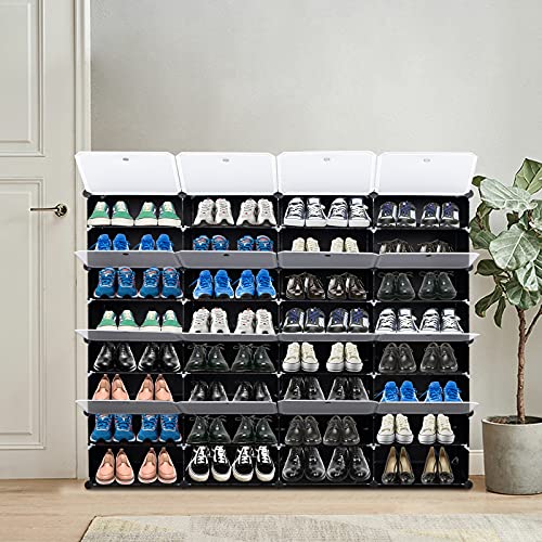 Sawandoo 8-Tier Portable 64 Pair Shoe Rack Organizer 32 Grids Tower Shelf Storage Cabinet Stand Expandable for Heels, Boots, Slippers, Black