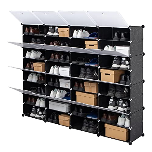 Sawandoo 8-Tier Portable 64 Pair Shoe Rack Organizer 32 Grids Tower Shelf Storage Cabinet Stand Expandable for Heels, Boots, Slippers, Black