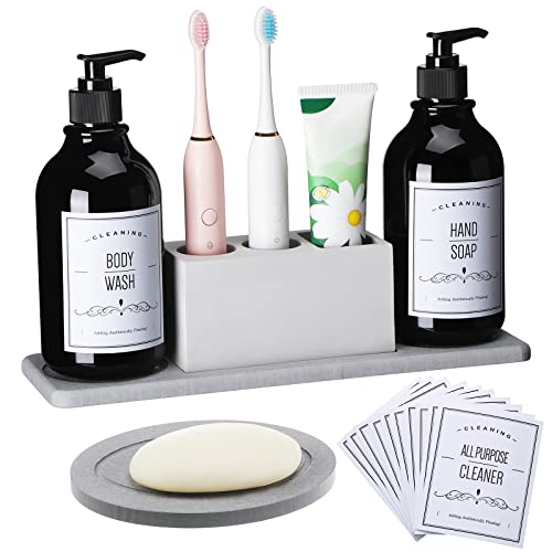 Bathroom Accessory Set Including Bathroom Toothbrush Holder Soap Dish Bathroom Hand Soap Shampoo Dispenser Waterproof Label Stickers for Bathroom and Kitchen