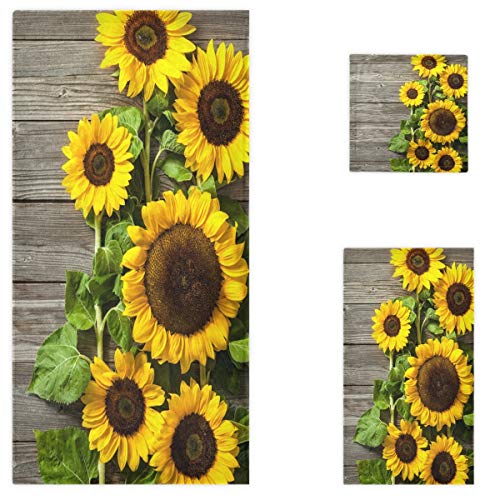 Naanle 3D Beautiful Sunflowers on Wooden Board Soft Luxury Decorative Set of 3 Towels, 1 Bath Towel+1 Hand Towel+1 Washcloth, Multipurpose for Bathroom, Hotel, Gym, Spa and Beach