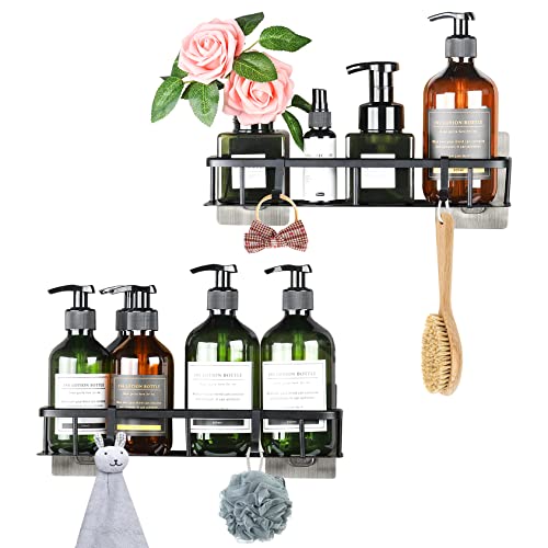 WAWETA 2-Pack Shower Caddy, Shower Organizer with 4 Hooks, No Drilling Shower Shelf for Inside Shower, Rustproof Wall Mount Shower Shelves Black