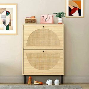 tehrecbt rattan shoe cabinet with 2 flip drawers, entryway shoe storage cabinet with flip door & metal legs, modern freestanding tipping bucket shoe organizer for entryway, hallway, bedroom