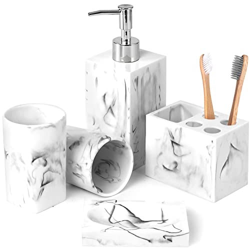 Haturi Bathroom Accessories Set, 5 Pcs Marble Look Bathroom Sets Soap Dispenser & Toothbrush Holder Set, Counter Top Restroom Apartment Decor Stuff, Resin Kits, Gift for Women and Men, Ink White